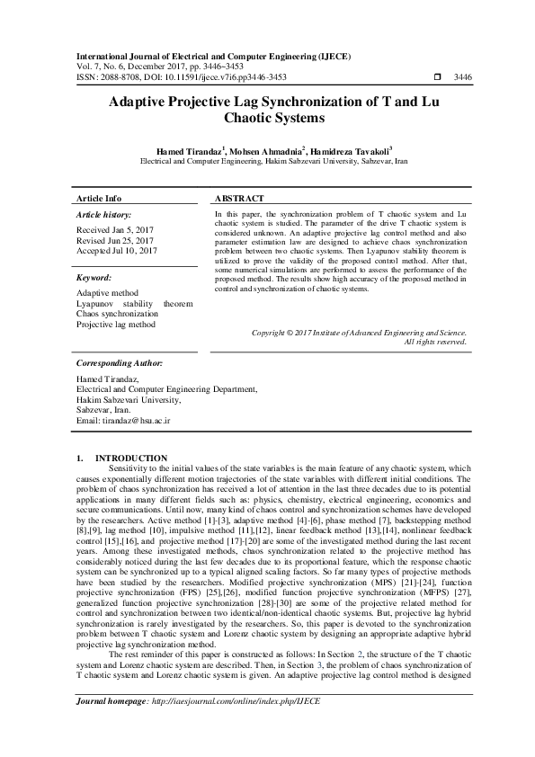 Pdf Adaptive Projective Lag Synchronization Of T And Lu Chaotic Systems