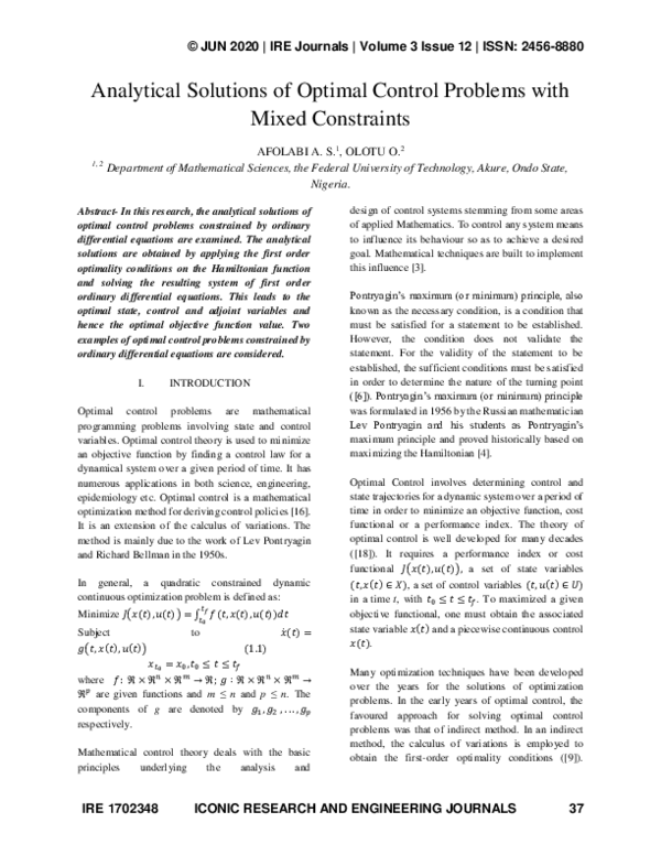 Pdf Analytical Solutions Of Optimal Control Problems With Mixed Constraints