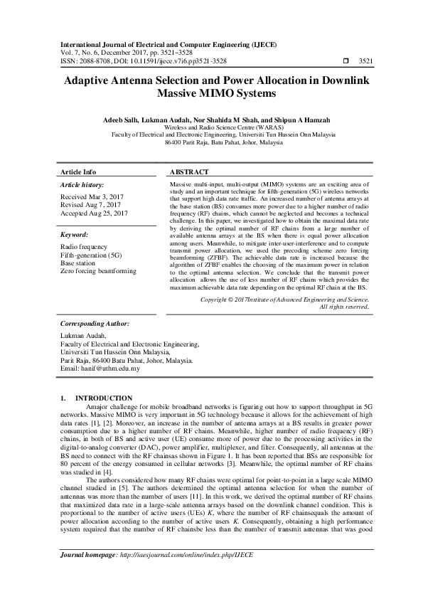 Pdf Adaptive Antenna Selection And Power Allocation In Downlink Massive Mimo Systems 