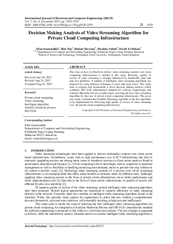 Pdf Decision Making Analysis Of Video Streaming Algorithm For Private Cloud Computing