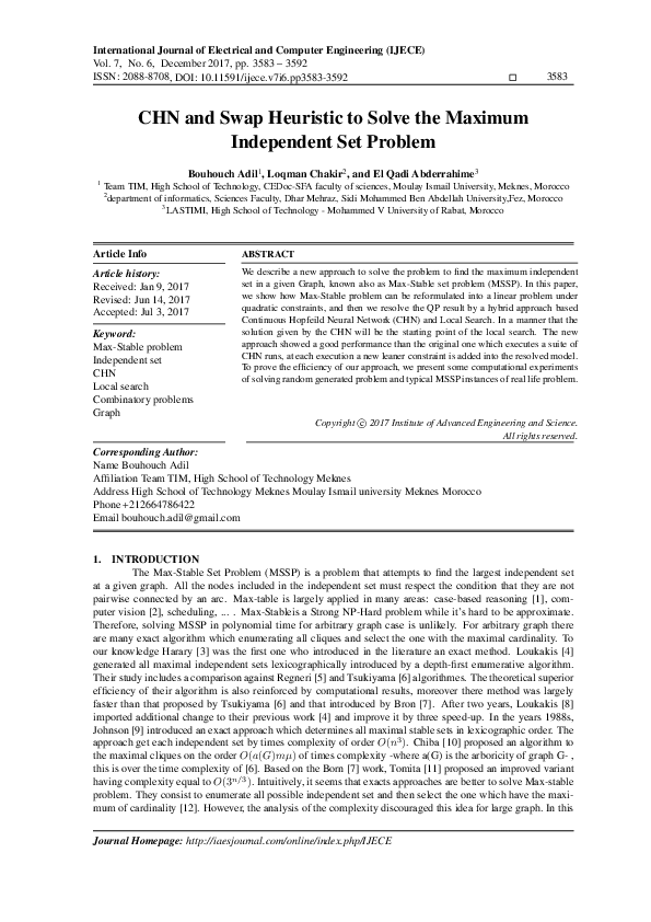 Chn And Swap Heuristic To Solve The Maximum Independent Set Problem