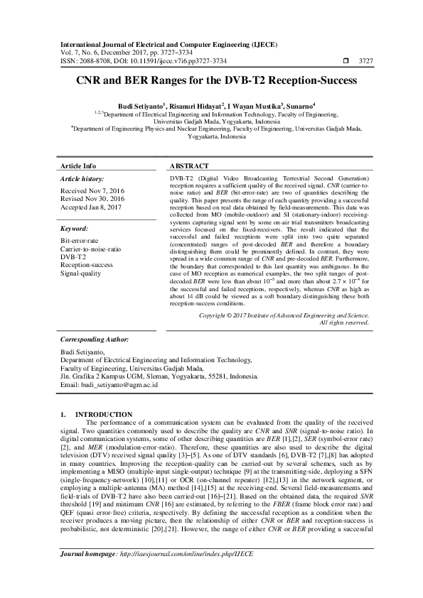 (PDF) CNR and BER Ranges for the DVB-T2 Reception-Success
