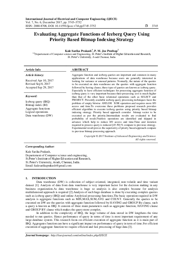 Pdf Evaluating Aggregate Functions Of Iceberg Query Using Priority Based Bitmap Indexing Strategy