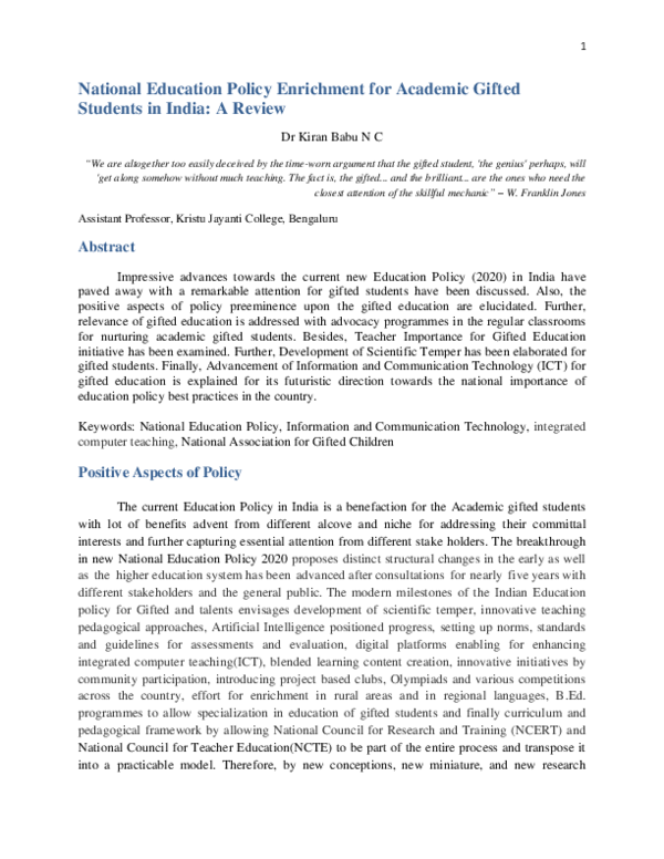 (PDF) National Education Policy Enrichment for Academic Gifted Students ...
