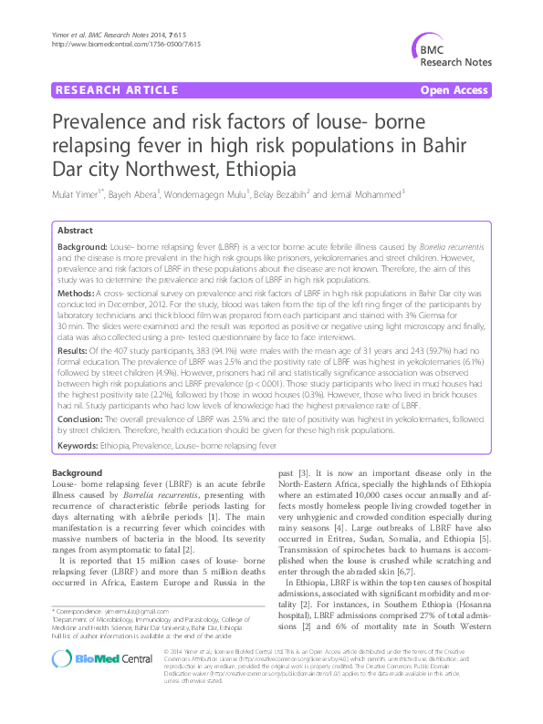 (PDF) Prevalence and risk factors of louse- borne relapsing fever in ...