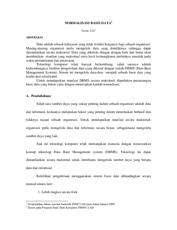 (PDF) NORMALISASI BASIS DATA 1