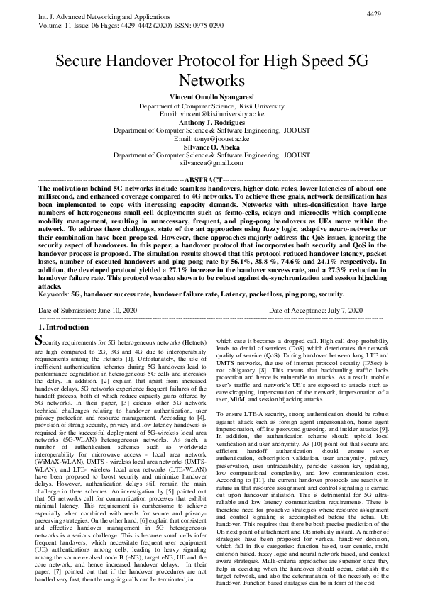 (PDF) Secure Handover Protocol for High Speed 5G Networks