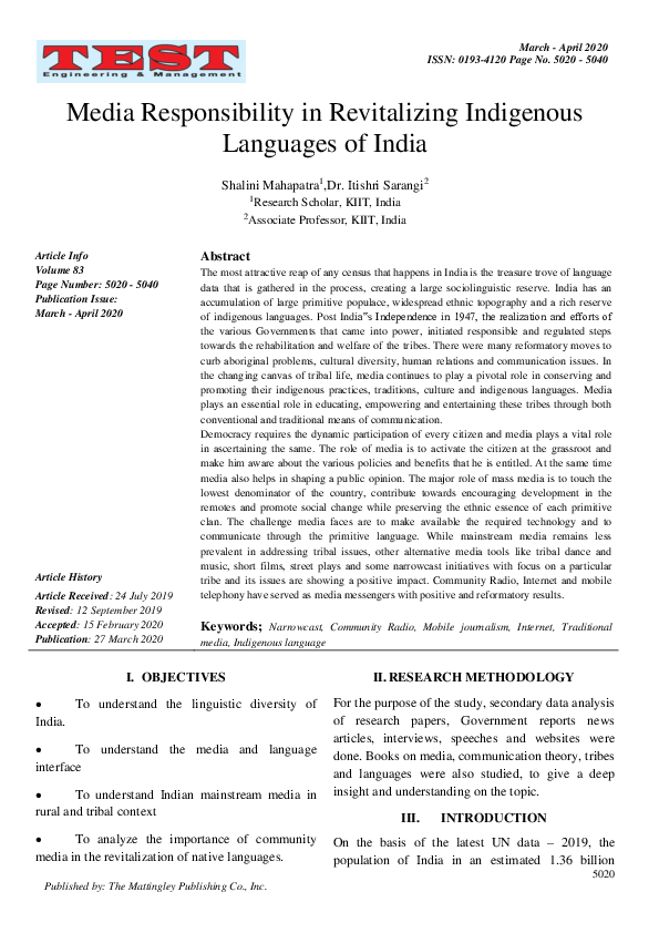 (PDF) Media Responsibility in Revitalizing Indigenous Languages of India