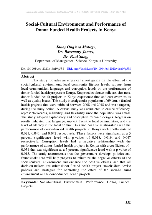 (PDF) Social-Cultural Environment and Performance of Donor Funded Health Projects in Kenya