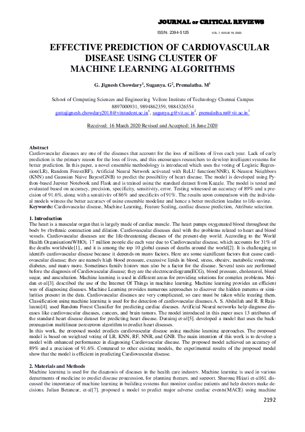 Pdf Effective Prediction Of Cardiovascular Disease Using Cluster Of Machine Learning Algorithms