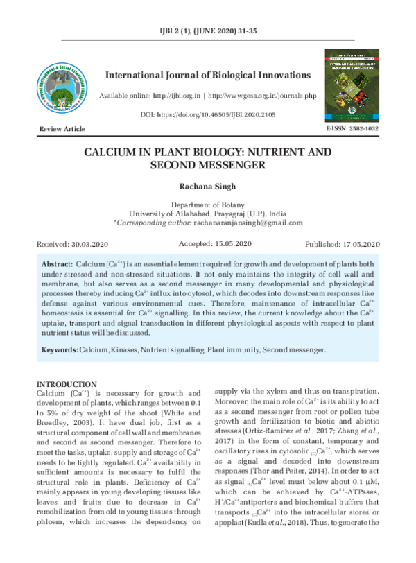 (PDF) CALCIUM IN PLANT BIOLOGY: NUTRIENT AND SECOND MESSENGER