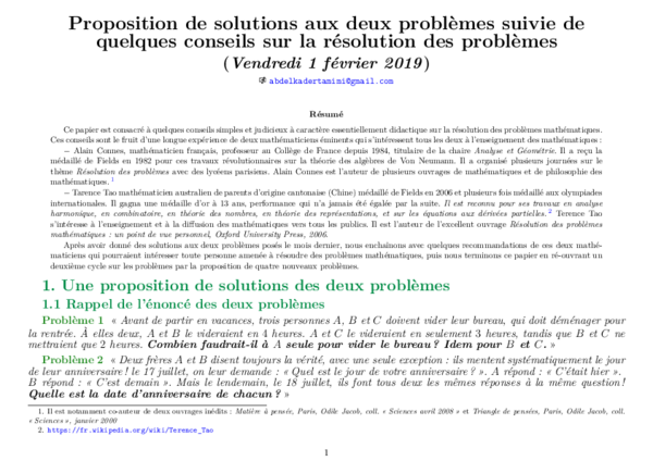 (PDF) Proposition de solutions aux deux problèmes suivie de quelques conseils sur la résolution ...