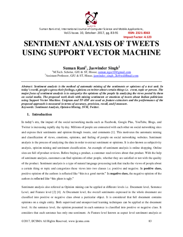 Pdf Sentiment Analysis Of Tweets Using Support Vector Machine