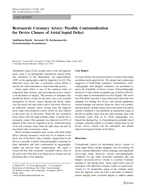 (PDF) Retroaortic Coronary Artery: Possible Contraindication for Device ...