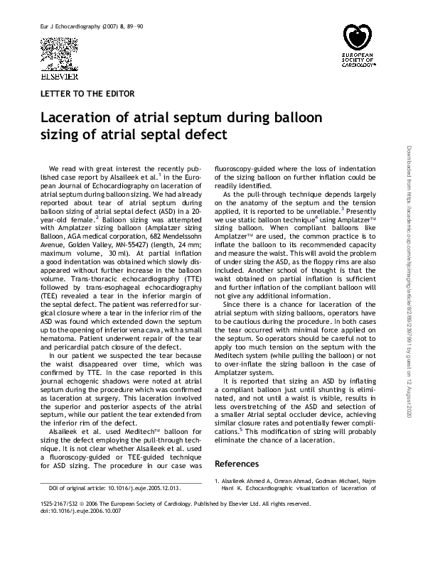 (PDF) Laceration of atrial septum during balloon sizing of atrial ...