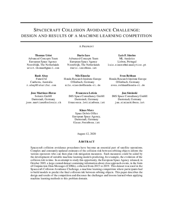 (PDF) SPACECRAFT COLLISION AVOIDANCE CHALLENGE: DESIGN AND RESULTS OF A ...