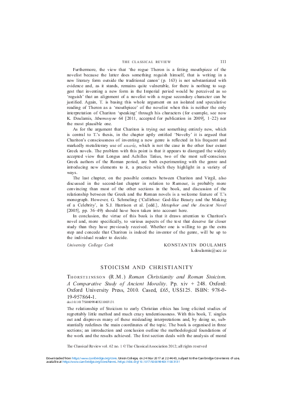 (PDF) Thorsteinsson, R.M. Roman Christianity and Roman Stoicism. A ...