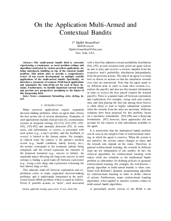 (PDF) On the Application Multi-Armed and Contextual Bandits