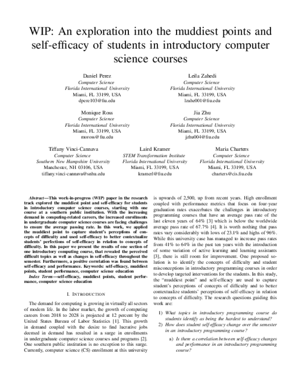 (PDF) WIP: An exploration into the muddiest points and self-efficacy of ...