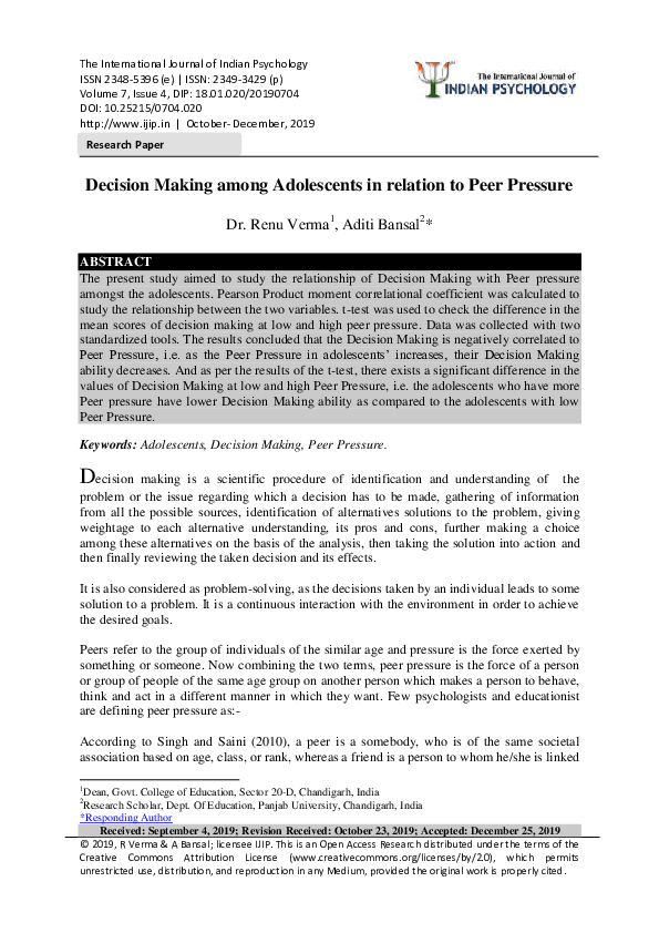 (PDF) Decision Making among Adolescents in relation to Peer Pressure