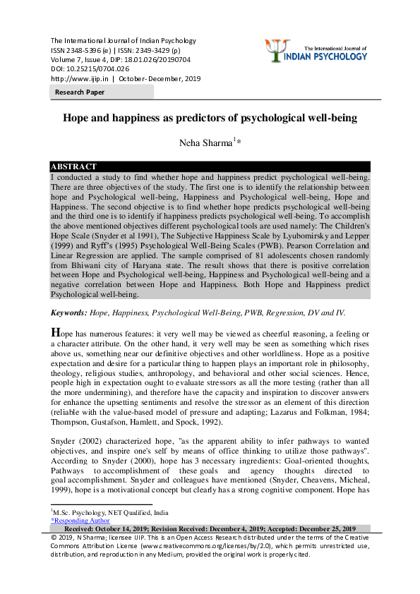 (PDF) Hope and happiness as predictors of psychological well-being