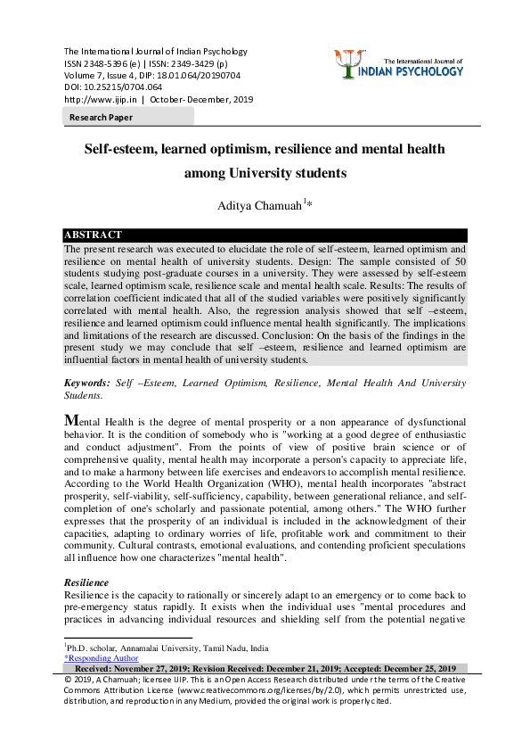 (PDF) Self-esteem, learned optimism, resilience and mental health among ...