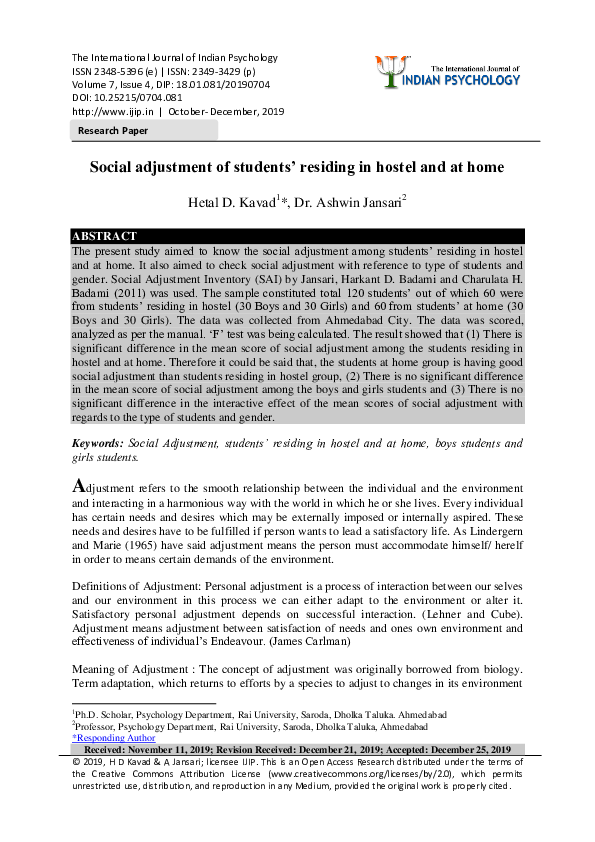 (PDF) Social adjustment of students' residing in hostel and at home