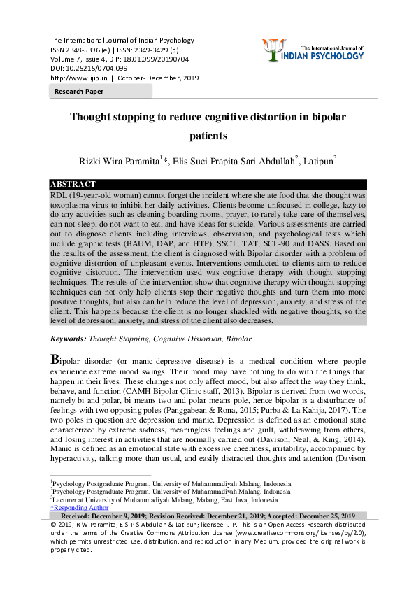 (PDF) Thought stopping to reduce cognitive distortion in bipolar patients