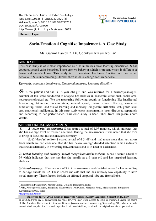 (PDF) Socio-Emotional Cognitive Impairment-A Case Study