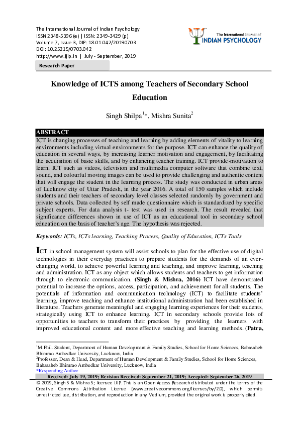 (PDF) Knowledge of ICTS among Teachers of Secondary School Education