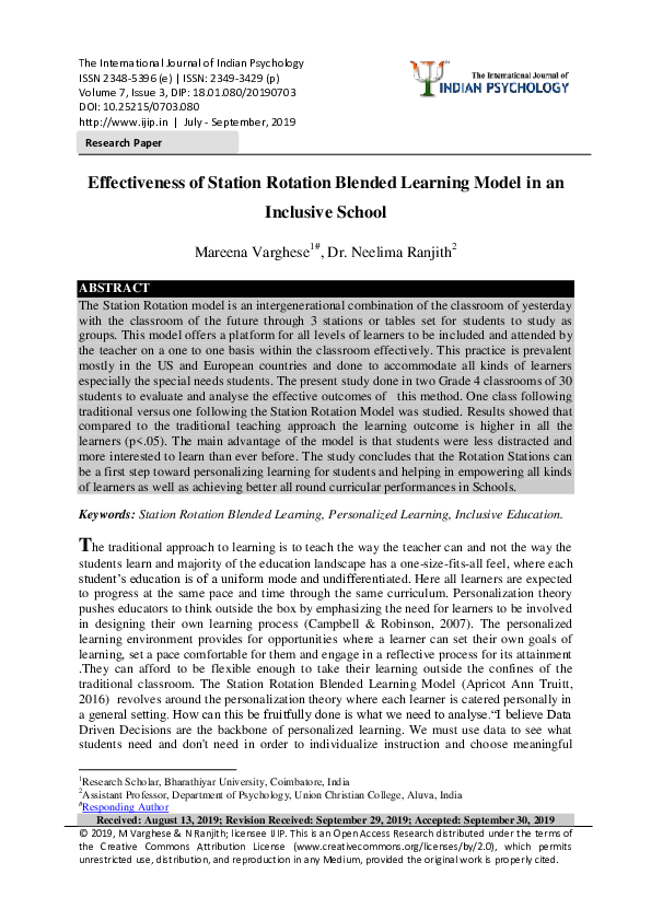 Pdf Effectiveness Of Station Rotation Blended Learning Model In An Inclusive School
