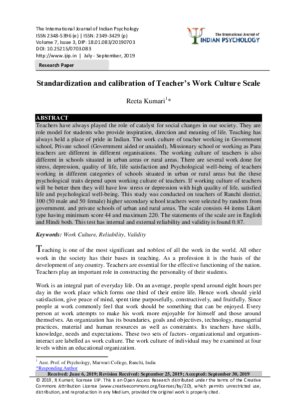 (PDF) Standardization and calibration of Teacher's Work Culture Scale