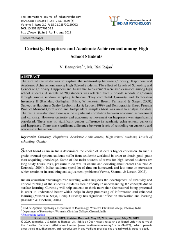 (PDF) Curiosity, Happiness and Academic Achievement among High School ...