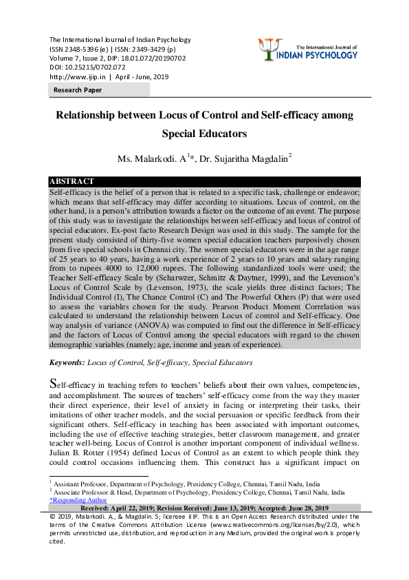 Pdf Relationship Between Locus Of Control And Self Efficacy Among Special Educators