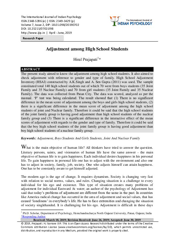 (PDF) Adjustment among High School Students