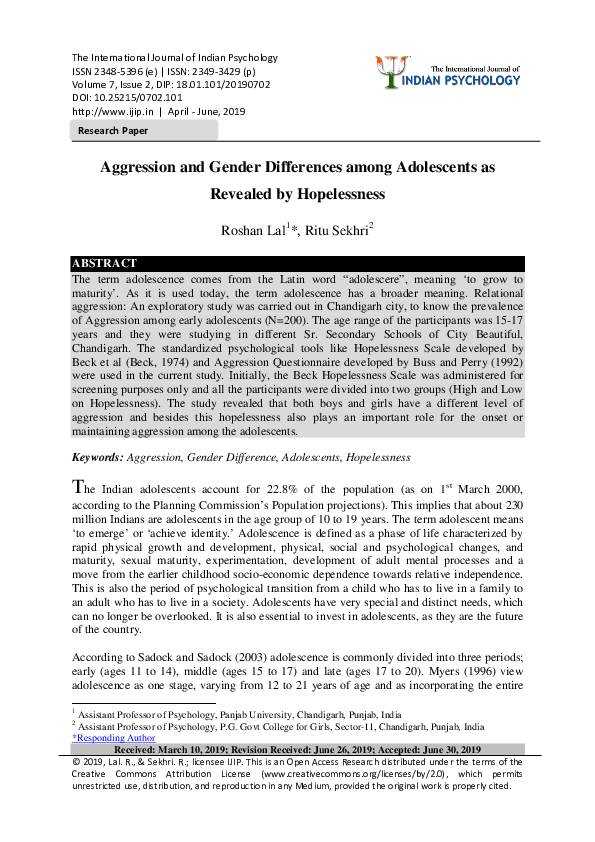 (PDF) Aggression and Gender Differences among Adolescents as Revealed ...