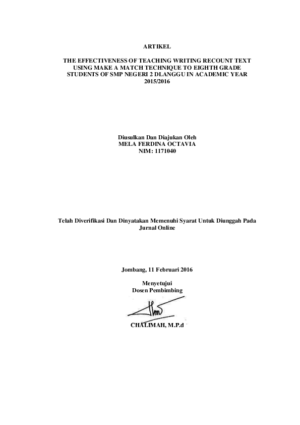 (PDF) ARTIKEL THE EFFECTIVENESS OF TEACHING WRITING RECOUNT TEXT USING MAKE A MATCH TECHNIQUE TO ...