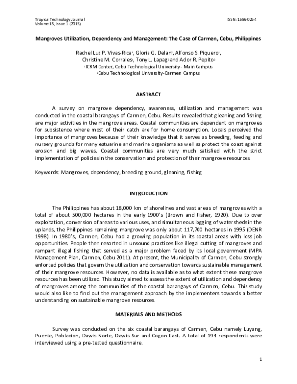 Pdf Mangroves Utilization Dependency And Management The Case Of Carmen Cebu Philippines