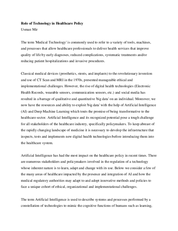 (PDF) Role of Technology in Healthcare Policy