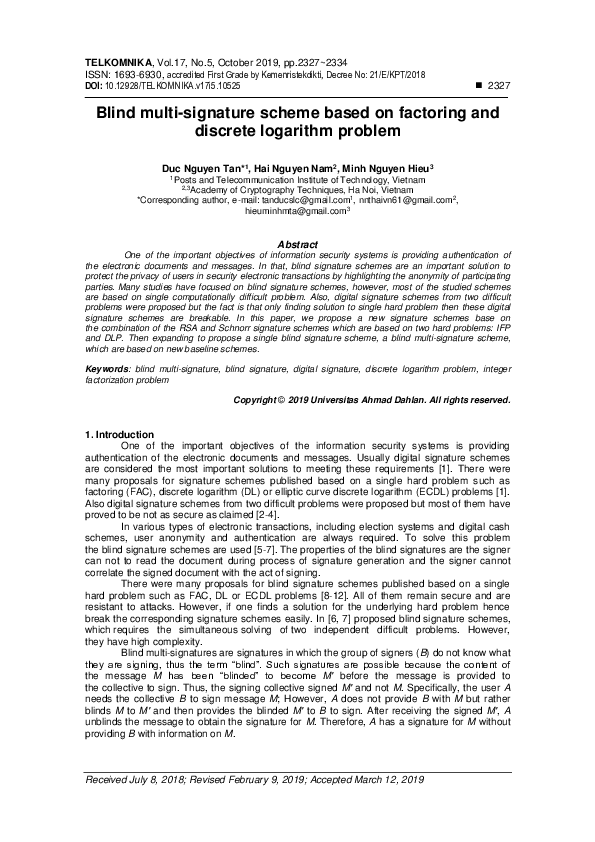 Pdf Blind Multi Signature Scheme Based On Factoring And Discrete Logarithm Problem 