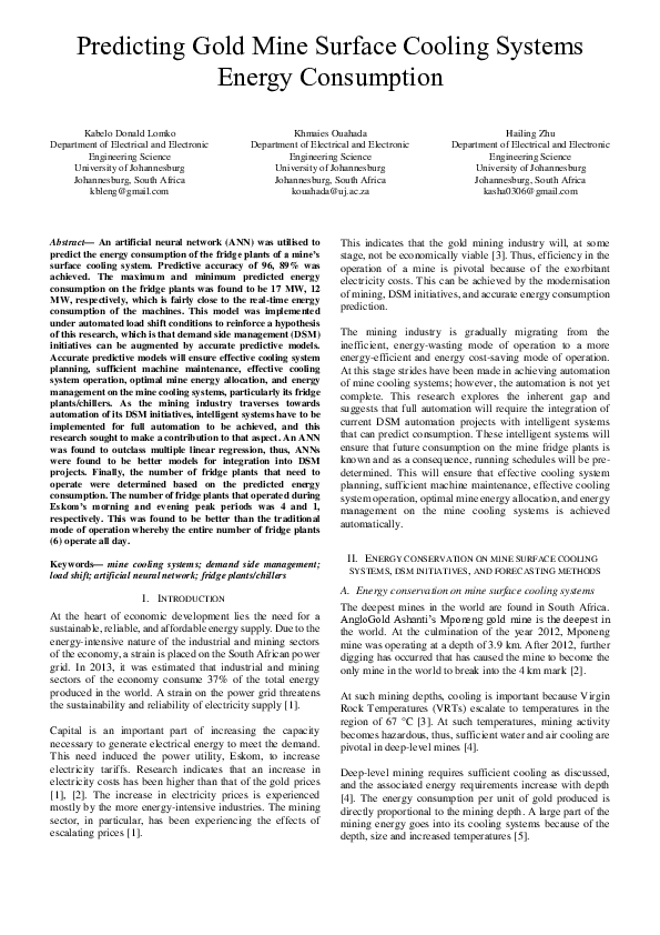 (PDF) Predicting Gold Mine Surface Cooling Systems Energy Consumption