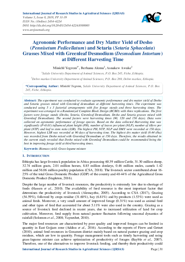 Agronomic Performance and Dry Matter Yield of Desho (Pennisetum ...