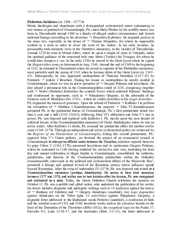 (PDF) “Philotheos Kokkinos,” in Lexikon byzantinischer Autoren, ed ...