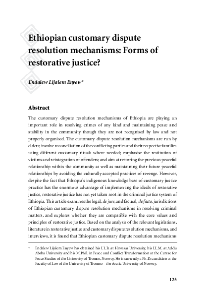(PDF) Ethiopian customary dispute resolution mechanisms: Forms of restorative justice