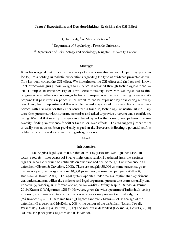 (PDF) Jurors' Expectations and Decision-Making: Revisiting the CSI Effect