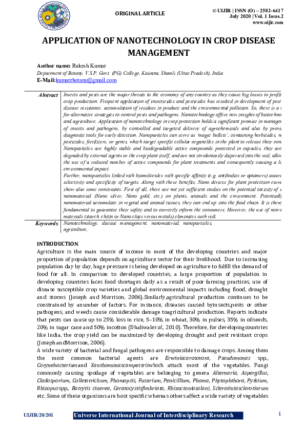 (PDF) APPLICATION OF NANOTECHNOLOGY IN CROP DISEASE MANAGEMENT