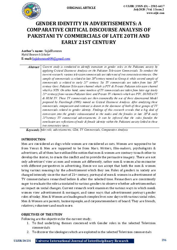 (PDF) GENDER IDENTITY IN ADVERTISEMENTS: A COMPARATIVE CRITICAL ...