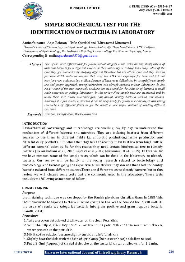 (PDF) SIMPLE BIOCHEMICAL TEST FOR THE IDENTIFICATION OF BACTERIA IN ...