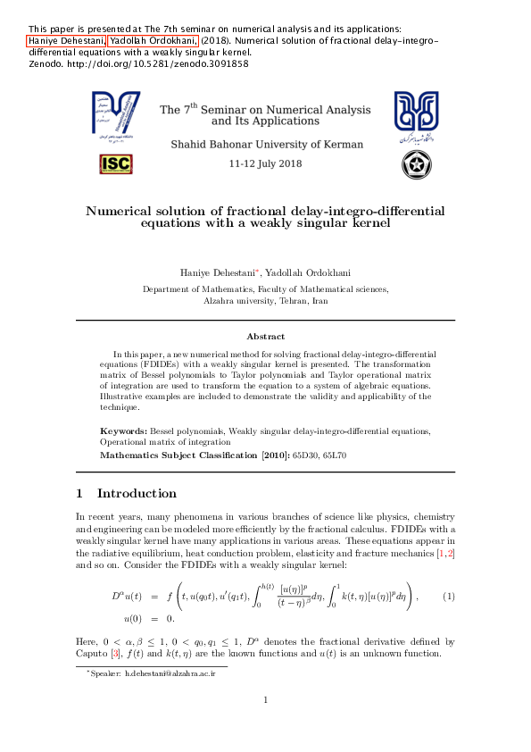 Pdf Numerical Solution Of Fractional Delay Integro Differential Equations With A Weakly