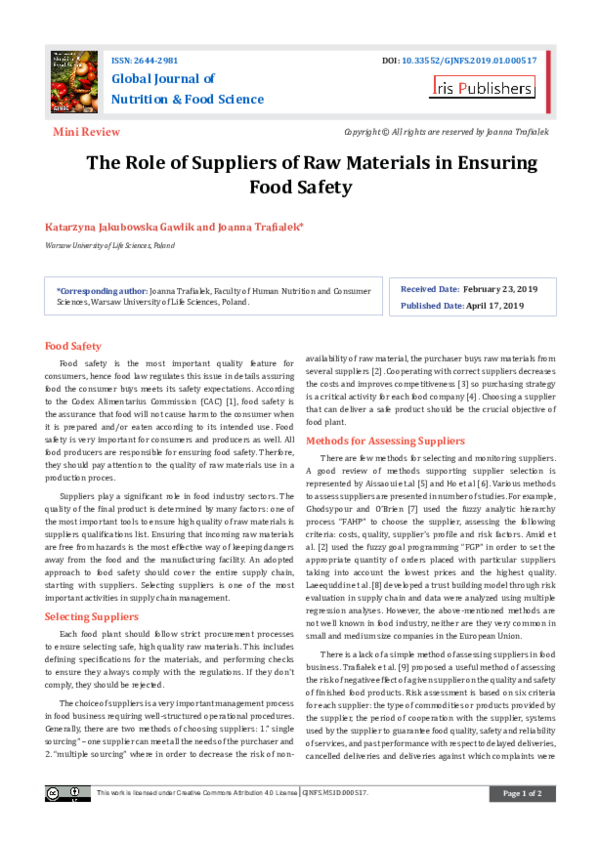 (PDF) The Role of Suppliers of Raw Materials in Ensuring Food Safety ...